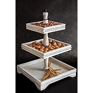 KEFO Three Tiered Beaded Tray Decor Stand - 12 x 18 Inch Large White Wooden 3 Tiered Tray Stand - Decorative Rustic Distressed 3 Tier Tray Decor Table Centerpiece - Tiered Serving Tray for Home Decor