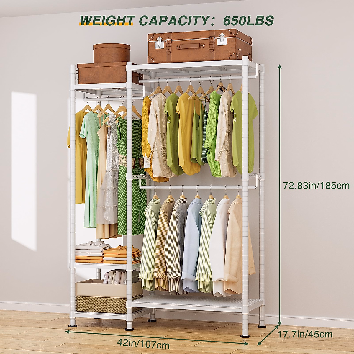 LEHOM G3 Garment Rack Heavy Duty Clothes Rack for Hanging Clothes, Freestanding Portable Wire Clothing Rack with Shelves, Adjustable Wardrobe Closet Rack, DIY Hanging Clothes Racks for Bedroom,White
