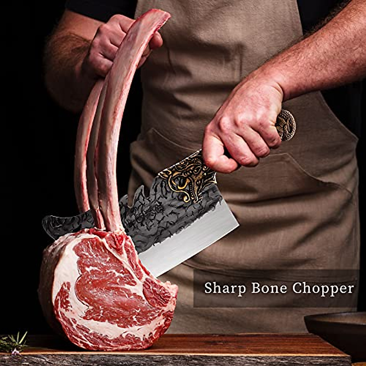 ROCOCO Cleaver Knife Meat Cutting Heavy Duty 8.6" Large Hand Forged Chinese Bone Vegetable Dragon Butcher Chopper Viking Cutter for Kitchen Outdoor with Sheath Father's Mother's Day Birthday Gift Men