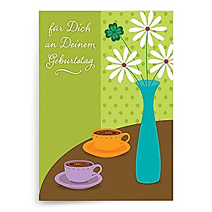 Designer Greetings German Language Happy Birthday Cards, “für Dich an Deinem Geburtstag” Flowers and Coffee Design (6 Cards with Envelopes / 6 Karten mit Umschlägen)