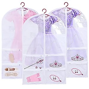 Kids Garment Bags for Dance Costumes, Hanging Dance Garment Bag with Multiple Pockets, Clear Storage Bags Organize Girls Dance Competitions Dress, Dance Recitals, Ballet Costume, Beauty Pageants, 3Pcs