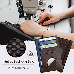 Aunote Wallet Airtag, Slim Airtag Wallet Men with Genuine Leather, RFID Blocking Smart Apple Air Tag Wallet, Thin Minimalist Front Pocket Card Holder Wallets Men Women Gifts-Carbon Fiber Brown