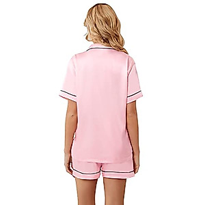 Women's Satin Pajamas Set, Short Sleeve Button Down Shirt Top + Elastic Waist Shorts Sets Summer Pajamas for Women, A Pink, US XS