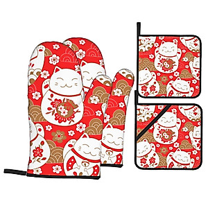 Japanese Cute Lucky Cats 4 Pcs Set Oven Mitts and Pot Holders Heat Resistant Oven Gloves and Hot Pads for Baking Cooking