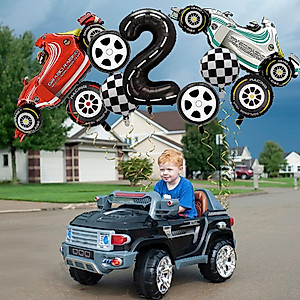 Number 2 Race Car Balloons, 43 Inch Race Car Party Decorations, Wheel Tire Balloons, Black and White Checkered Foil Balloons, Car Balloons for Boys 2nd Birthday Party Decoration - Pack of 9