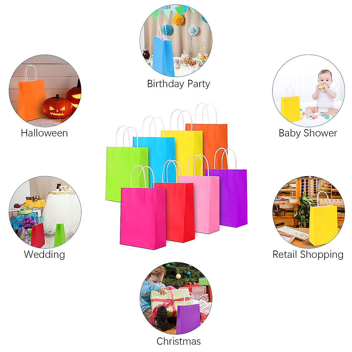 48 Pieces Gift Bags Bulk, 8 Colors Kraft Paper Party Favor Bags with Handle, Rainbow Goodie bags for Birthday, Gift, Wedding, Baby Shower, and Celebrations, Medium 8 * 4.75 * 10"