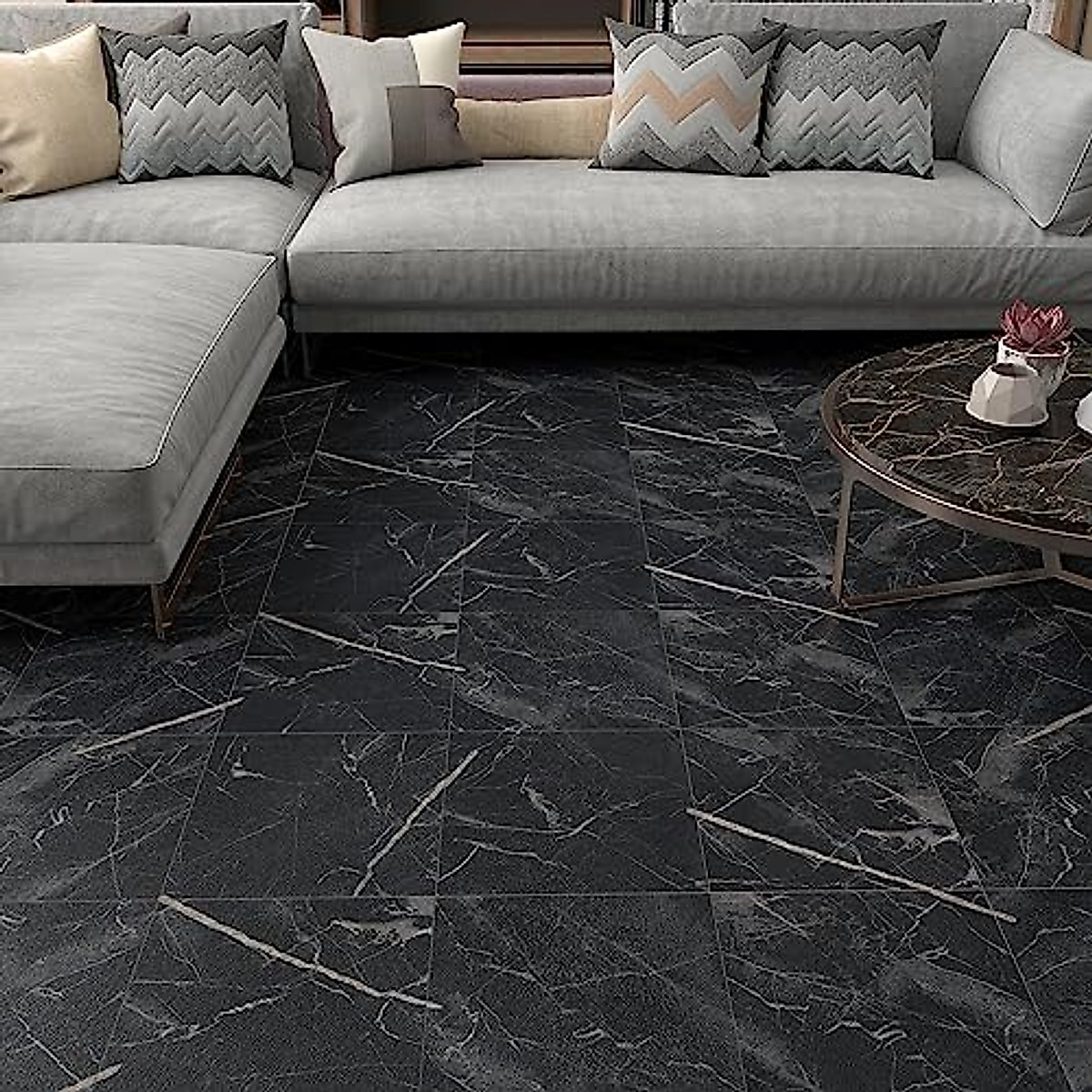 VaryStyle 20 Pack Black Marble Peel and Stick Waterproof Vinyl Floor Tiles 12"x12" Self Adhesive Removable Sticky Tiles for Kitchen Bathroom Bedroom Floor Walls