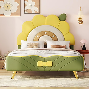 MERITLINE Twin Size Upholstered Platform Bed with Sunflower Shaped Headboard, PU Upholstered Twin Size Bed Frame for Kids Teens, Boys Girls,Green + Yellow