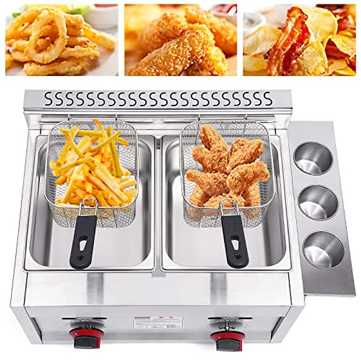 Commercial Gas Deep Fryer 12L Countertop Stainless Steel Dual Tank Kitchen Frying Machine w/2 Removable Baskets &amp; Lid, Double Fryer for French Fries Turkey Donuts Home Kitchen Restaurant