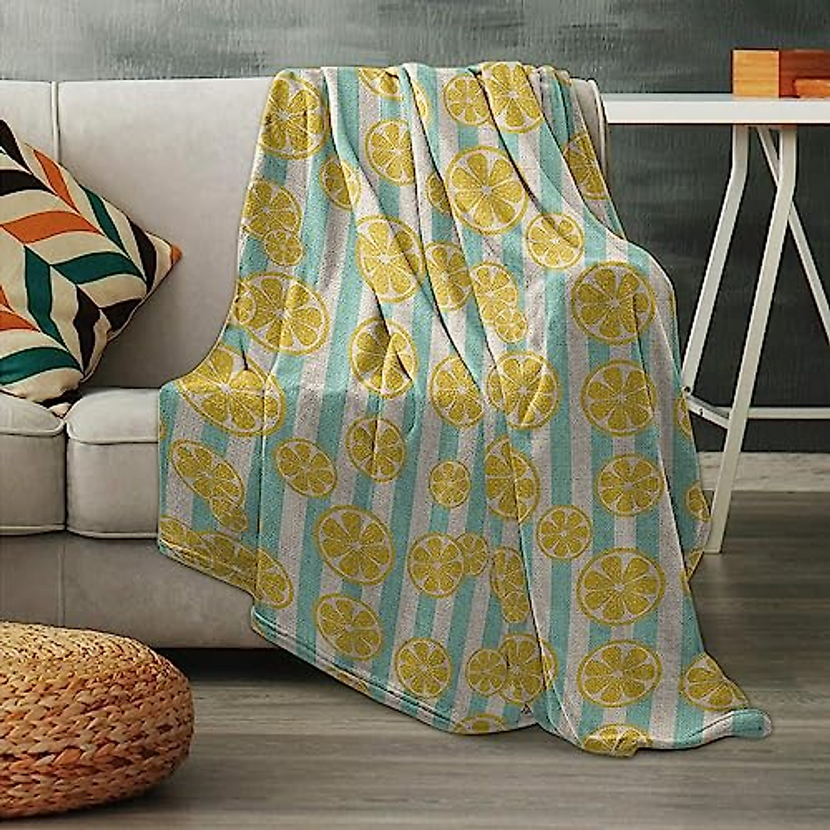 Throw Blanket- Yellow Lemons Soft Warm Plush Fleece Bed Throw,50x60In Flannel Blankets Summer Fruits Retro Linen Burlap Bedding Throws for Women/Men Bedroom Living Room Office Decor Teal Stripe