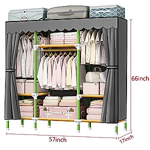 YOUUD Portable Closet 57 Inch Wardrobe Closet Clothes Organizer with 3 Storage Shelves and 3 Hanging Rods, Cloth Closet of Colored Rods Grey Cover Quick and Easy to Assemble,Strong and Durable