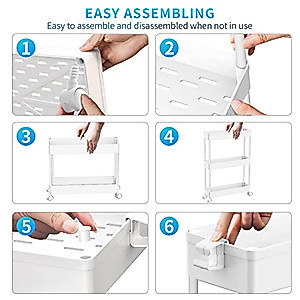 SPACEKEEPER Slim Storage Cart, 3 Tier Bathroom Storage Organizer Rolling Utility Cart Mobile Shelving Unit Slide Out Storage Tower Rack for Kitchen Laundry Narrow Places, White, 2 Pack