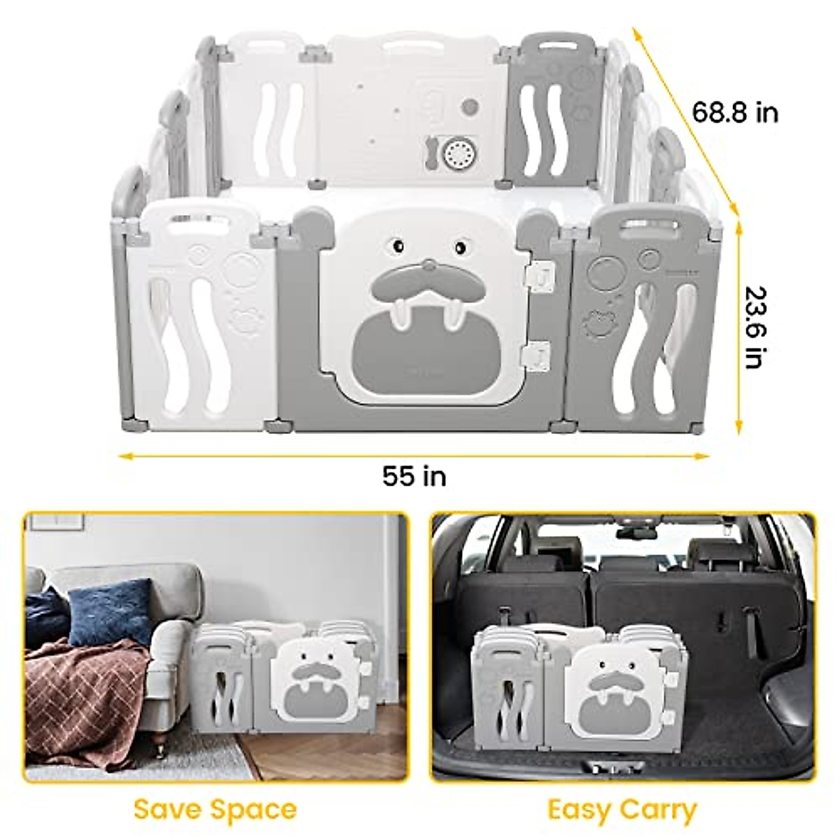 Baby Playpen, Ronipic Foldable Baby Playpen for Babies and Toddlers, Sturdy Safety Baby Fence with Gate, Kids Activity Centre,Shape Adjustable, Large Baby PlayYard with Anti-Slip Base (16 Panels)