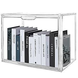 Cutora 2 PACK Clear Book Storage Organizer Stackable Acrylic Book Display Box with Magnetic Door for Bookshelf Easy Assemble Bookcase Containers Display case for Comics Toys Handbags Shoes Purses
