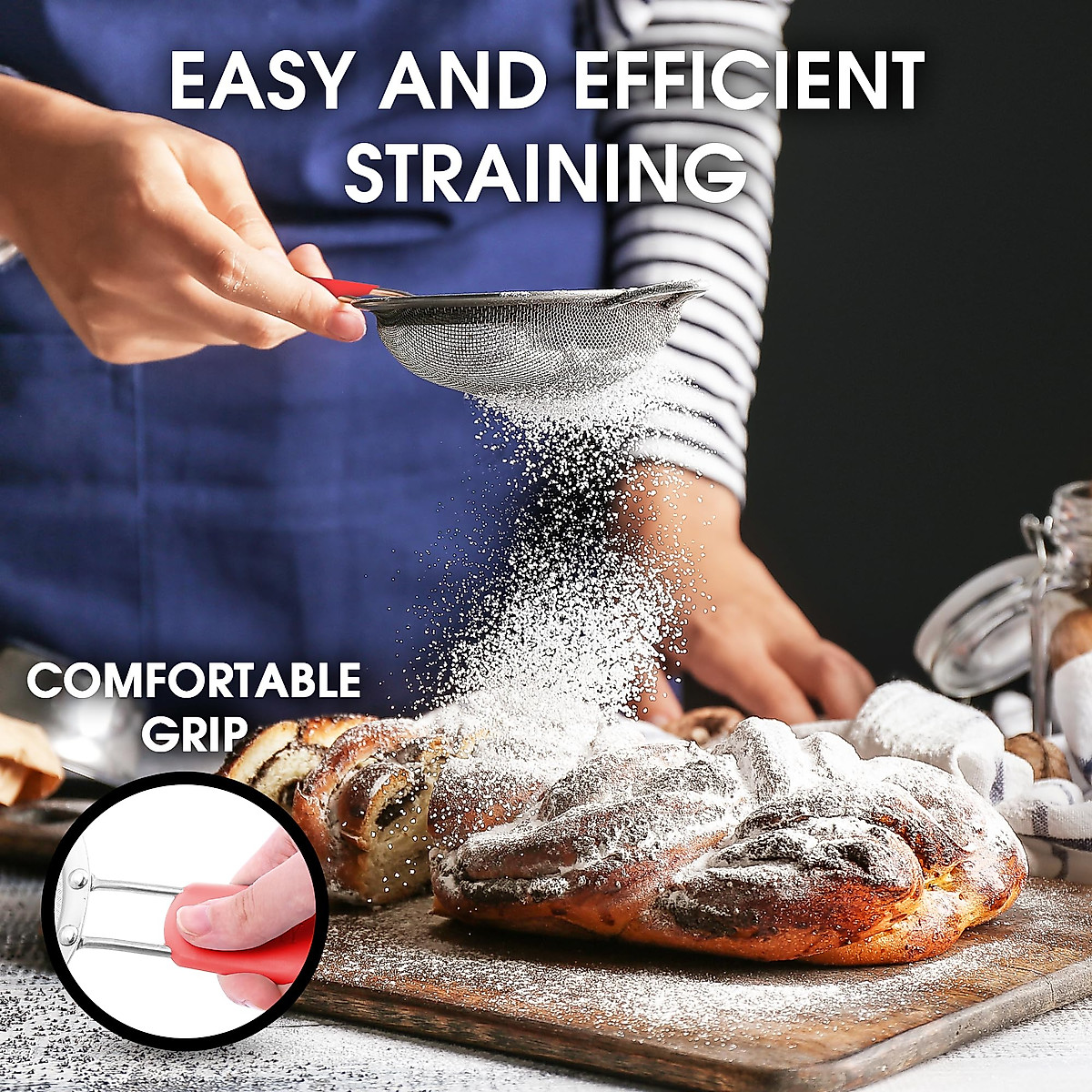 Zulay Kitchen Premium Stainless Steel Fine Mesh Strainer Set - Strainers For Kitchen (Set of 3) With Non-Slip Handles - Includes A Small, Medium & Large Fine Mesh Sieve Set - Durable Metal Strainer