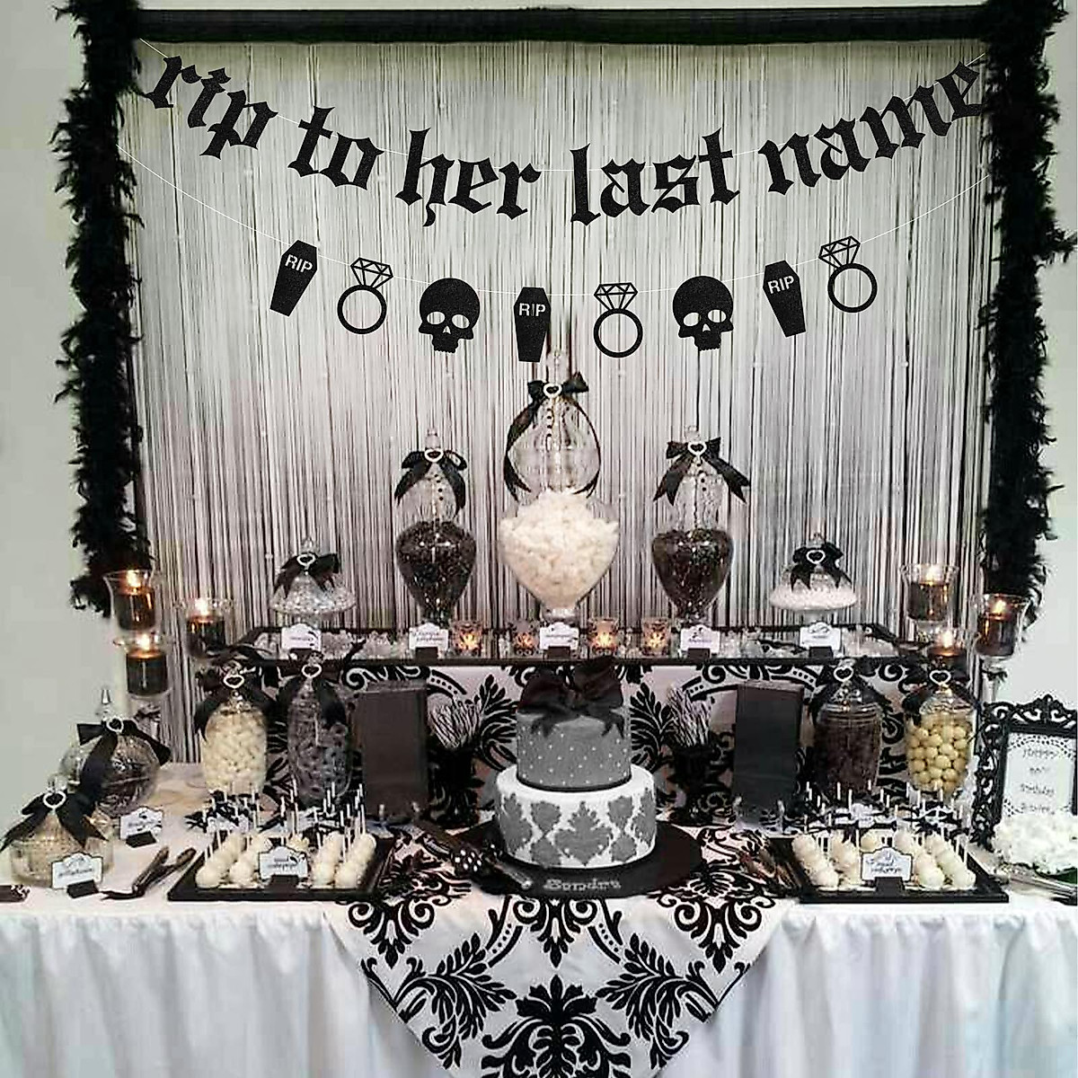 Sursurprise Gothic Bachelorette Party Decorations, Rip to Her Last Name Banner, Old English Emo Bridal Shower Engagement Wedding Party Supplies
