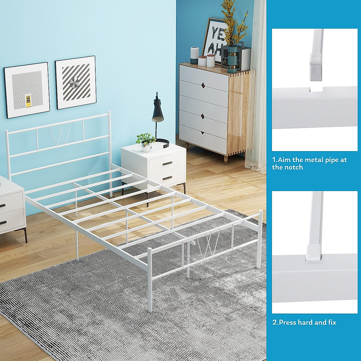 wOod-it Twin Bed Frame with Headboard - 12.8 Inch Metal Platform, Noise-Free Heavy-Duty Steel Slat Mattress Foundation, No Box Spring Required - White