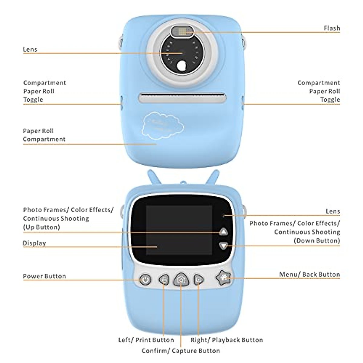 Vbestlife Instant Print Camera, 18 MP 2.4inch IPS Display Kids Digital Selfie Camera, Dual Lens Video Recorder, Built in Microphone and Speakers (Blue)
