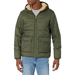 Amazon Essentials Men's Long-Sleeve Water-Resistant Sherpa-Lined Puffer Jacket, Dark Olive, Medium