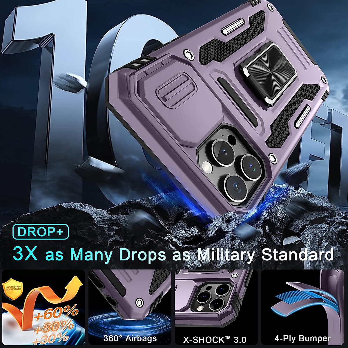 DEERLAMN Case for iPhone 13 Pro Max with Slide Camera Cover+Screen Protector(1 Pack),Rotated Ring Kickstand Military Grade Shockproof Protective Cover 6.7 Inch-Deep Purple