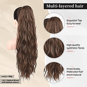 FLUFYMOOZ Ponytail Extension, 26 Inch Drawstring Ponytail Hair Extensions for Women， Long Curly Wavy Ponytail Natural Wavy Synthetic Hairpiece for Women (26 Inch Brown with Auburn)