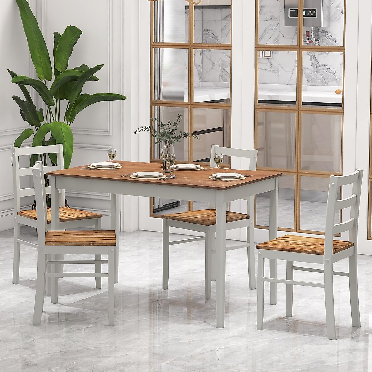 Giantex Dining Table Set for 4, Dining Room Table Set for 4, Breakfast Nook with Kitchen Table, 4 Dining Chairs, Compact Space-Saving Dinette Set for Small Space, Kitchen Table Chairs Set of 4 (Brown)