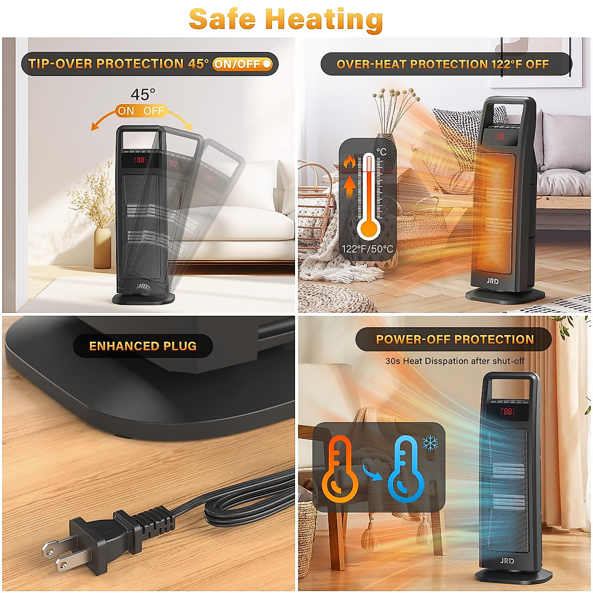 JRD Space Heater Indoor with Thermostat, 24 inch Portable Heater with 75°Oscillation, 1500W PTC Ceramic Heater with remote, 3 Modes, 8h Timer, Safety Electric Heaters for Bedroom Home Office