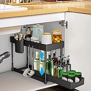 2-Tier Under Sink Organizer,Multi-purpose Organizer Shelf,Sliding Storage Drawer Basket Organizer for Kitchen Bathroom with Hooks, Hanging Cup,Pull Out Spice Rack,Makeup Cosmetics Vanity Narrow Space