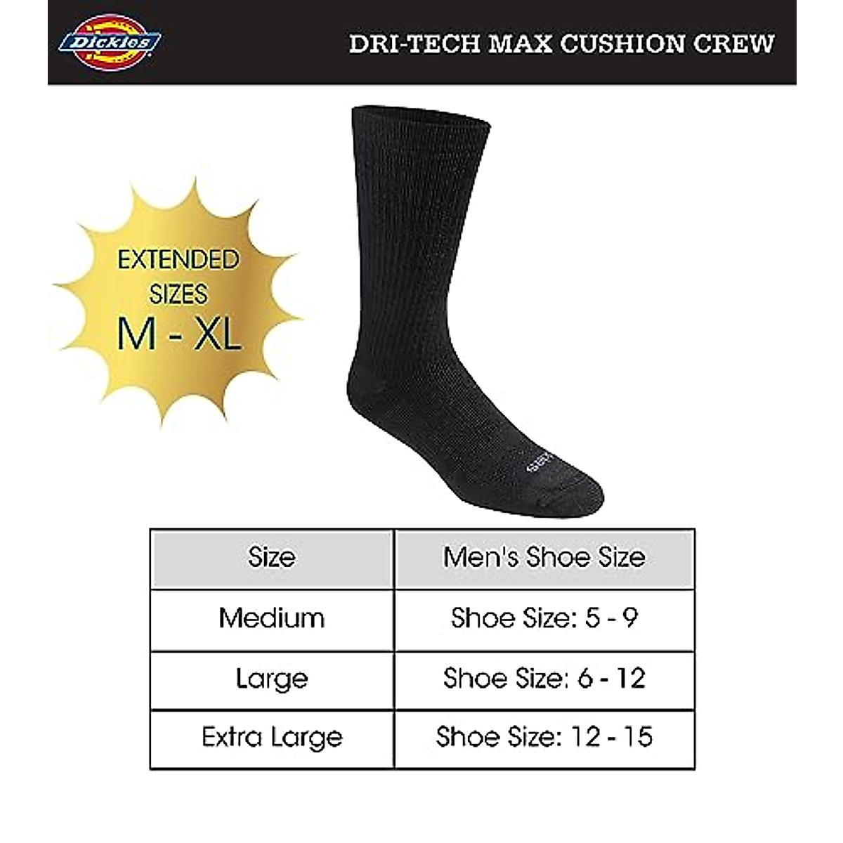 Dickies Men's Dri-Tech Moisture Control Max Full Cushion Crew Socks, Available in M-XL (6, 12, Solid Black (6 Pairs), Large