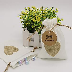 30 Pcs Burlap Gift Bags, 4x6 Inches Jewelry Bags Drawstring with Heart Small Goodie Bags Hessian Jute Pouches for Wedding Party Favors Valentine Baby Shower Christmas (white)