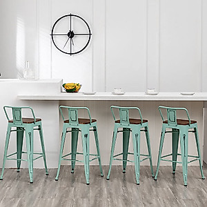 Andeworld Bar Stools Set of 4 Counter Height Stools Industrial Metal Barstools with Wooden Seats(24 Inch, Distressed Green Blue)