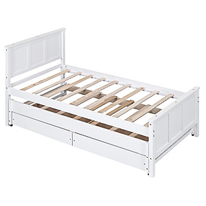 CITYLIGHT Twin Bed with Trundle and Storage, Wood Twin Size Platform Bed Frame with Trundle and Drawers, Space-Saving Twin Size Bed for Kids, Boys, Girls (Twin,White)