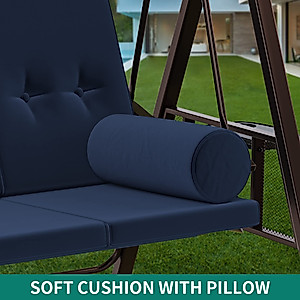 YITAHOME 3-Seat Deluxe Porch Swing Outdoor Heavy Duty Patio Swing Chair with Adjustable Canopy Removable Cushions Weather Resistant Steel Frame Suitable for Garden, Lawn, Backyard, Balcony, Navy Blue