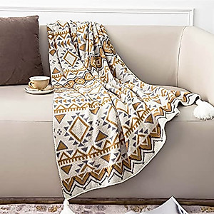 Boho Throw Blanket, Knitted Tassel Brown Throw Blankets, Soft Lightweight Vintage Tan Throw Blanket for Sofa Couch Bed and Living Room- All Seasons (50x60 Inch)