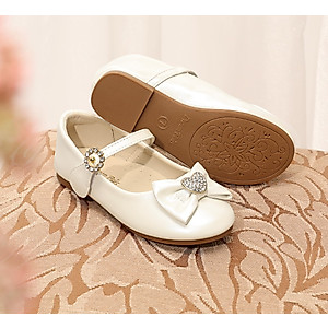 DREAM PAIRS Girls Mary Jane Dress Shoes for Toddler Heart Rhinestone Front Bow Ballerina Flat (Toddler/Little Kid),Size 10 Toddler,Ivory/Pu,ANGEL-22