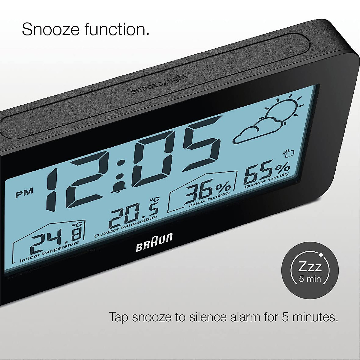 Braun Digital Weather Station Clock with Indoor and Outdoor Temperature and Humidity, Forecast, LCD Display, Quick-Set, Crescendo beep Alarm in Black, Model BC13BP.