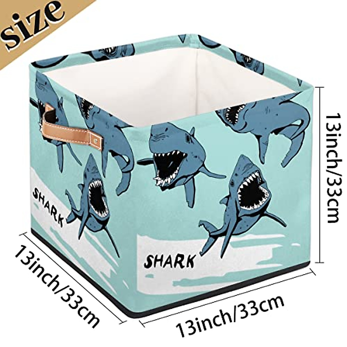 Shark Large Collapsible Storage Bins,Ocean Animal Decorative Canvas Fabric Storage Boxes Organizer with Handles,Cube Square Baskets Bin for Home Shelves Closet Nursery Gifts