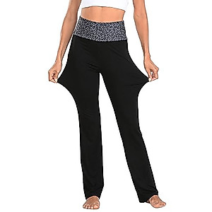 HDE Women's Color Block Fold Over Waist Yoga Pants Flare Leg Workout Leggings Black Leopard/Black - S