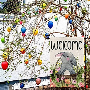 Welcome Easter Garden Flag Vertical Double Sided, Spring Bunny Floral Basket Holiday Yard Farmhouse Outdoor Decoration 12x18 Inch DF022