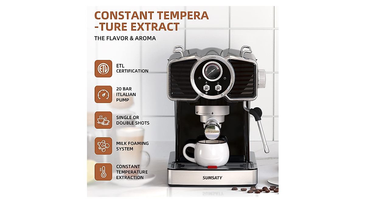 SUMSATY Espresso Coffee Machine 20 Bar, Retro Espresso Maker with Milk Frother Steamer Wand for ...