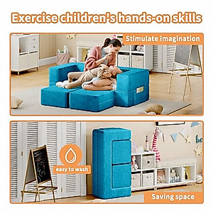 linor Kids Couch, Toddler Couch with Washable and Durable Covers, Modular Kids Sofa Couch, Foldable Loveseat & Two Ottoman, Fold Out Lounger (Navy)