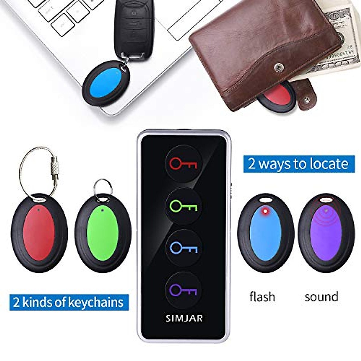 Key Finder with Extra 4 Long Chains & Up to 131ft Working Range in Open Space, Simjar Wireless Remote Control RF Key Finder Locator for Keys Wallet Phone Glasses Luggage Pet Tracker