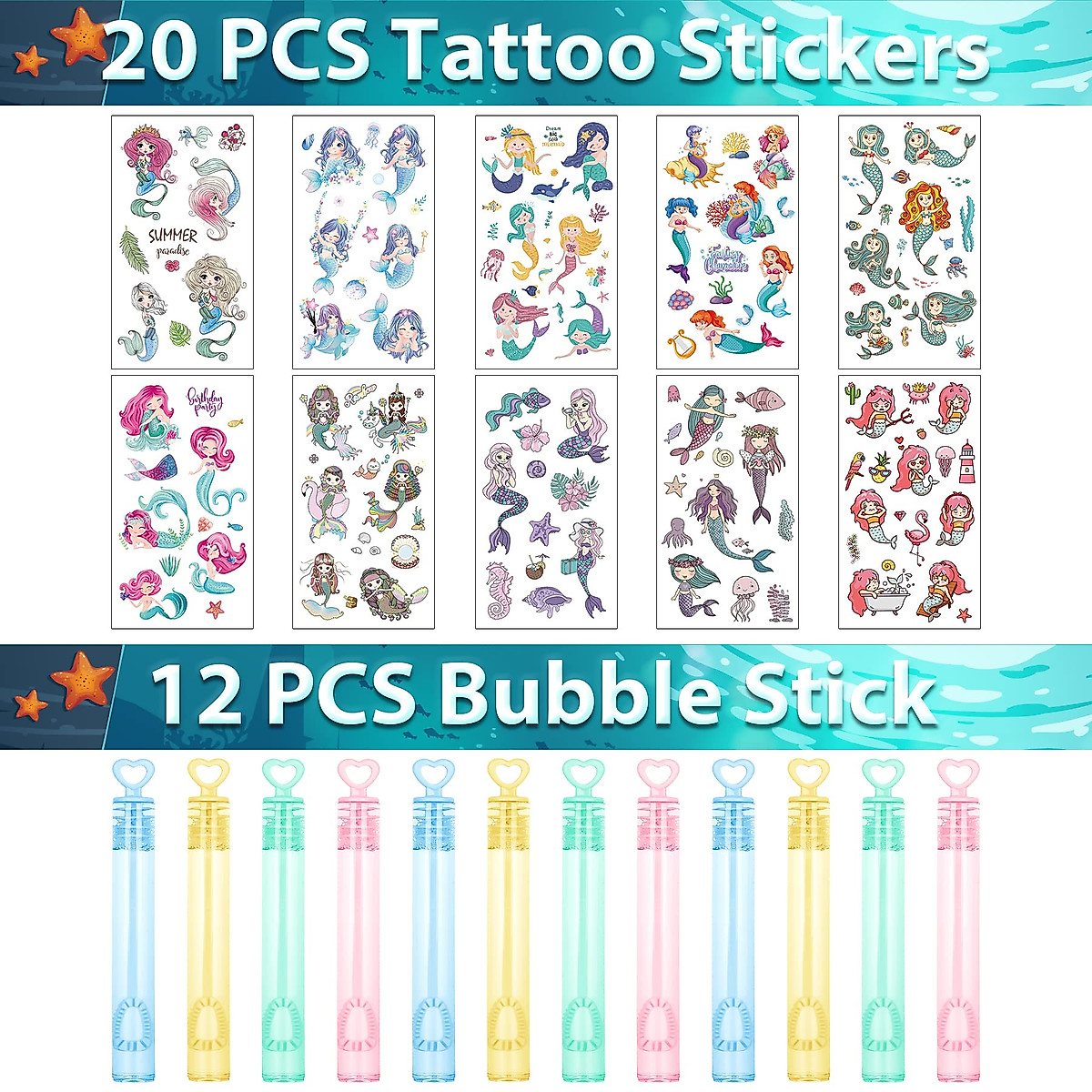 Mermaid Party Favor Set 92 PCS Princess Slap Bracelet Keychains Stickers Necklace Bubble Stick Gift Bags for Kids Girls Baby Shower Classroom Reward