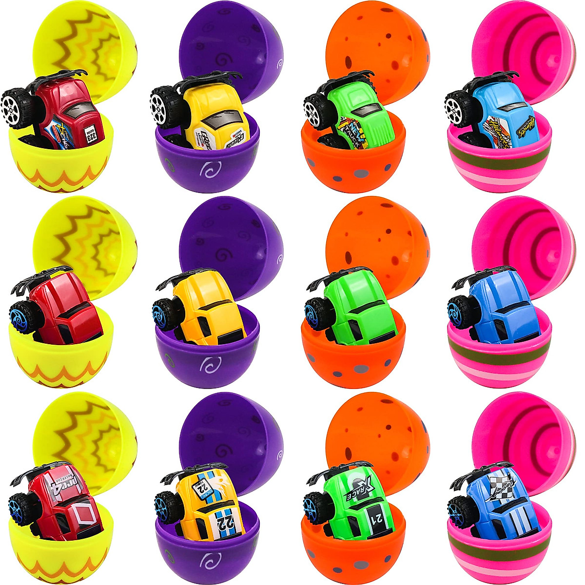 HALOGATE Easter Eggs Fillers Easter Basket Stuffers, 12 PCS Plastic Easter Eggs with Pull Back Cars Inside, Easter Egg Surprise Filled Toy Vehicles for Kids Gifts Party Favors Easter Eggs Hunt
