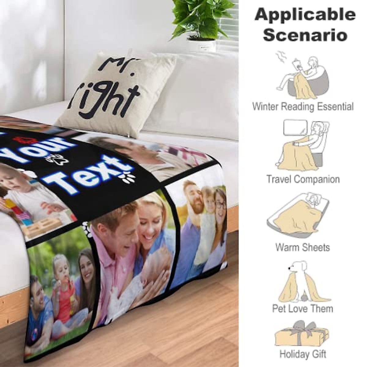 Custom Blankets with Photos, Custom Pet Photo Blankets, Bed Throw Blanket, Collage Picture Throw, from Kid or Adults Photos, for Family Friend Gift (10 Photos)