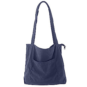 Corduroy Tote Bags for Women with Zipper and Front Pocket Shoulder Handbags Casual Canvas Purse, Grey