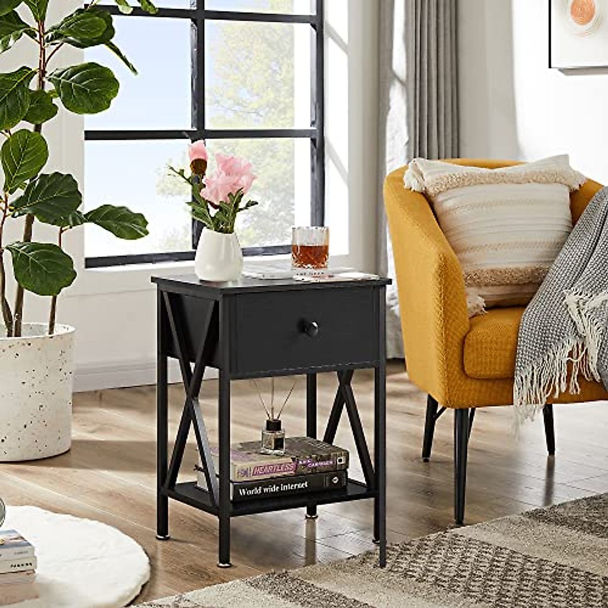 VECELO End Table,Modern Night Stand with Drawer& Shelf, Set of 2 Bedroom Living Room Office, 2 Nightstands, Black