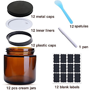 Roemey 4oz Amber Glass Jars with Lids, Candle Jars with Metal and Plastic Lids, 12 Pack Glass Cosmetic Containers with Inner Liners for Creams, Lotions, Bath Salts, Essential Oil