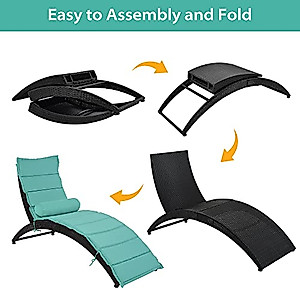 DHHU Foldable Chaise 2-Piece Sofa Set, Patio Wicker Sun Lounger with Removable Bolster Pillow, Green Cushion, Blue