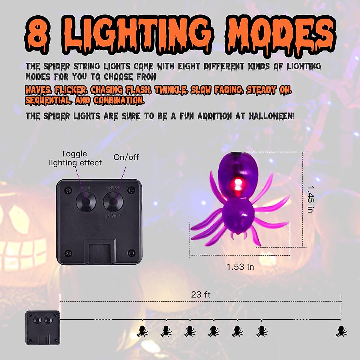 Halloween Solar Outdoor String Lights, 50 Purple Spider Lights with 8 Modes, 23ft Waterproof String Bulbs, Decorations for Halloween Party, Yard, Patio, Garden, Outdoor, Home